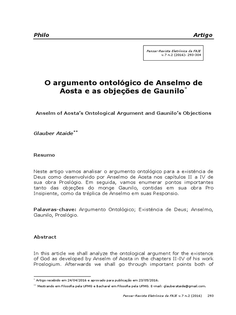 O Argumento Ontológico de Anselmo de Aosta e As Objeções de Gaunilo ...