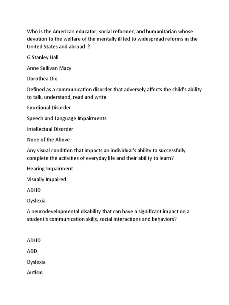 SPED Quiz | PDF | Disability | Mental Disorder