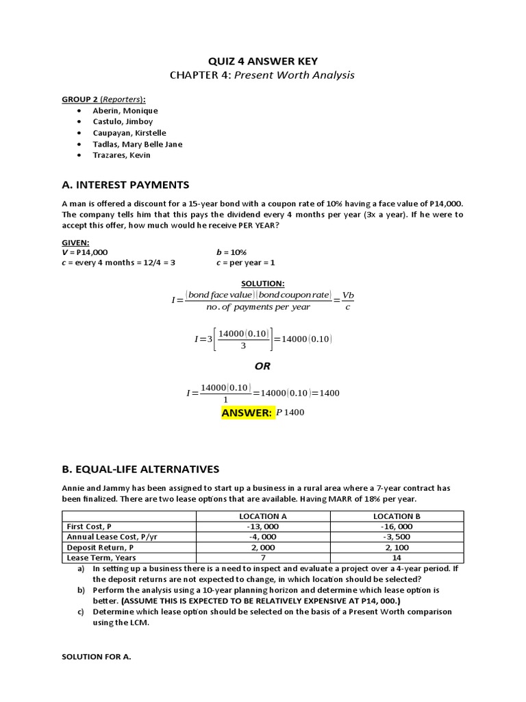 Chapter 4 Quiz Answer Key | PDF | Bonds (Finance) | Spreadsheet