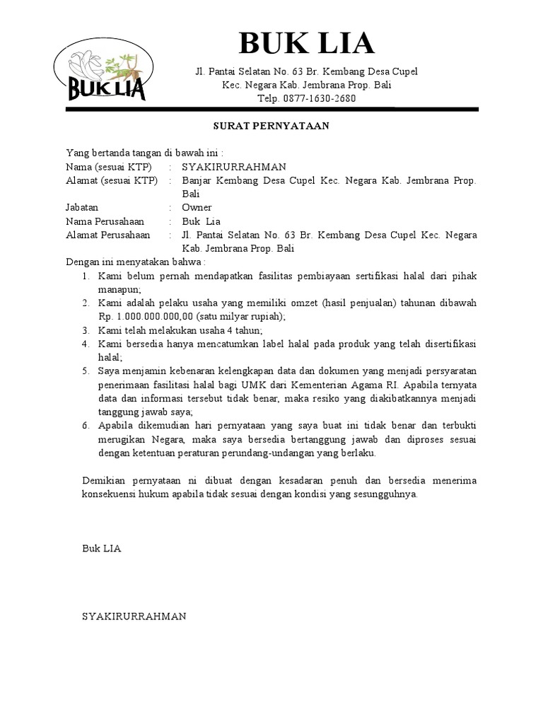 Surat Pernyataan BUK LIA | PDF