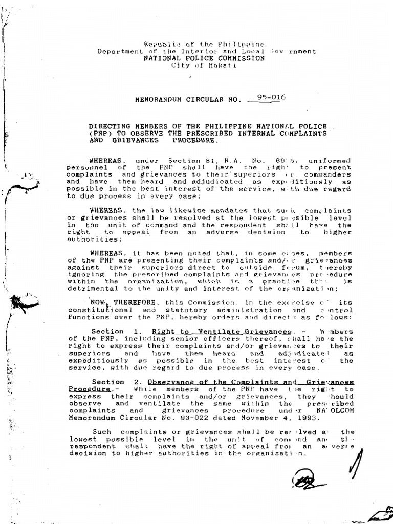 MC 95-016 DIRECTING THE PNP TO OBSRVED THE PRESCRIBE COMPLAINTS AND GRIEVANCE PROCEDURE | PDF
