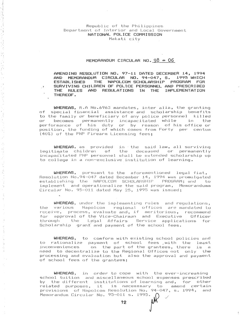 MC 1998-006 NAPOLCOM SCHOLARSHIP PROGRAM OF THE SURVIVING CHILDREN OF ...