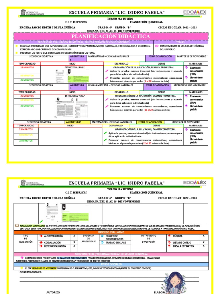 Planeación Semana 13 Del 21 Al 25 de Noviembre | PDF | Evaluación ...