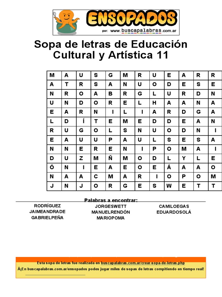 Sopa de Letras de Educación Cultural y Artística - 11 | PDF