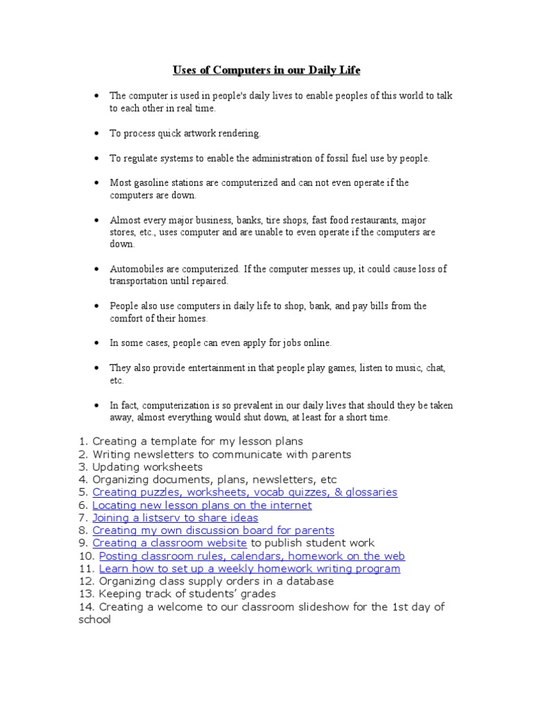 Uses of Computers in Our Daily Life | PDF | Lesson Plan | Online And ...