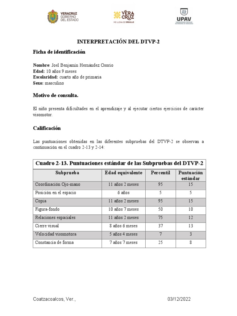 Interpretación del DTVP-2 en niño con dificultades visomotoras | PDF ...