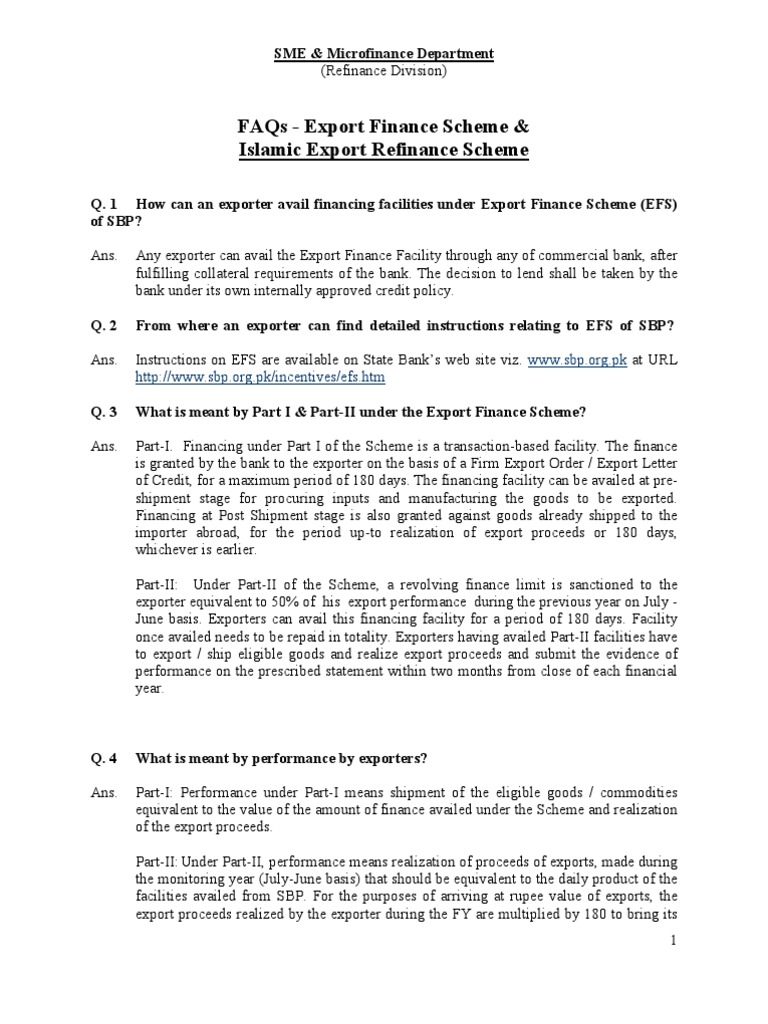 Faqs - Export Finance Scheme & Islamic Export Refinance Scheme | PDF ...