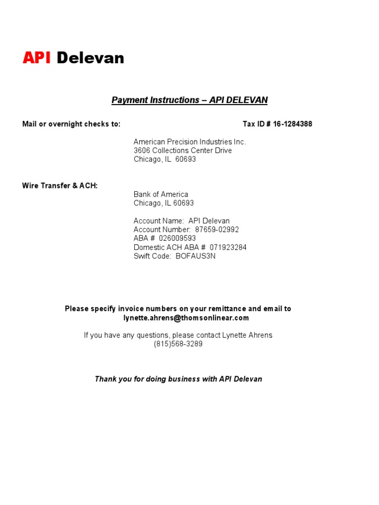 API Delevan Payment Instructions | PDF