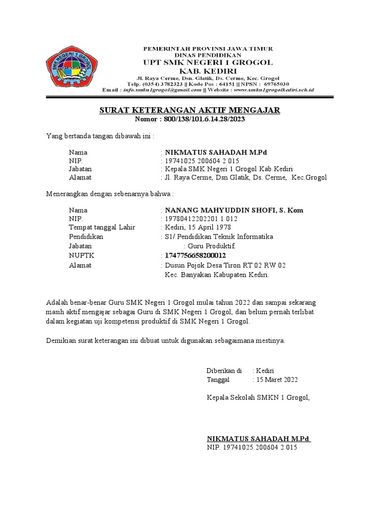 Surat Keterangan Aktif Mengajar SMKN 1 Grogol | PDF