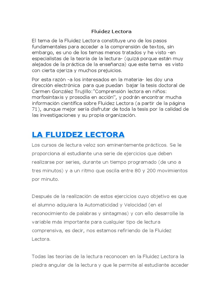 Ejercicios para Mejorar la Fluidez Lectora | PDF | Palabra ...
