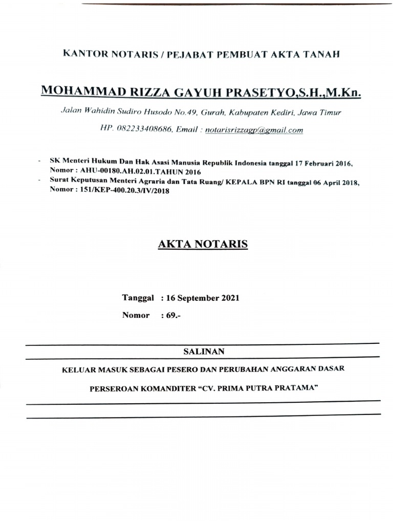 Perubahan CV Prima Putra Pratama | PDF