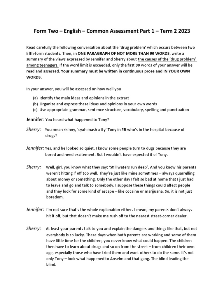 Form 2 English A - Common Assessment - Term 2 2023 - Summary Dialogue | PDF