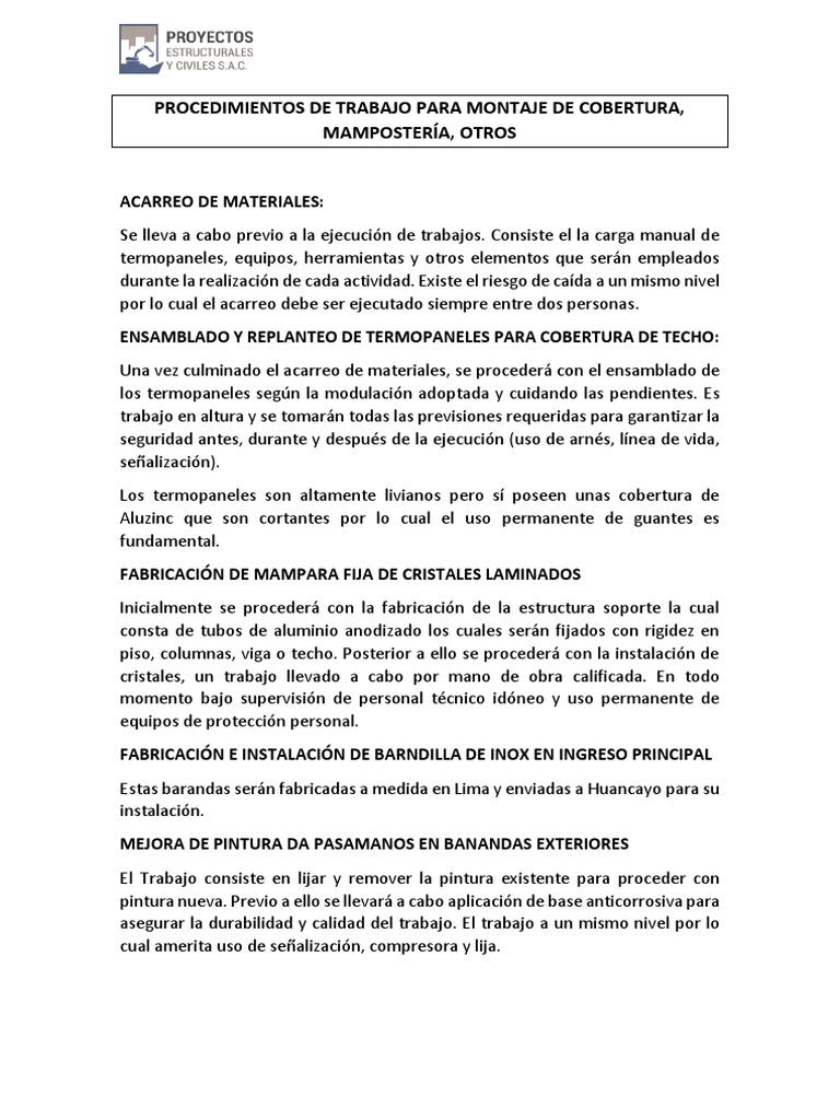 Procedimientos de Trabajo para Montaje de Cobertura, Mampostería, Otros ... Procedimientos de Trabajo para Montaje de Cobertura, Mampostería, Otros ...