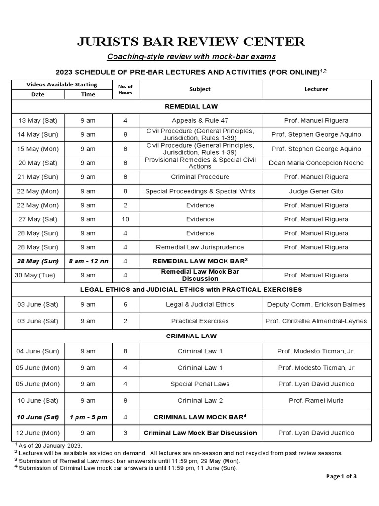2023 Schedule of Online Pre-Bar Lectures | PDF | Justice | Crime & Violence