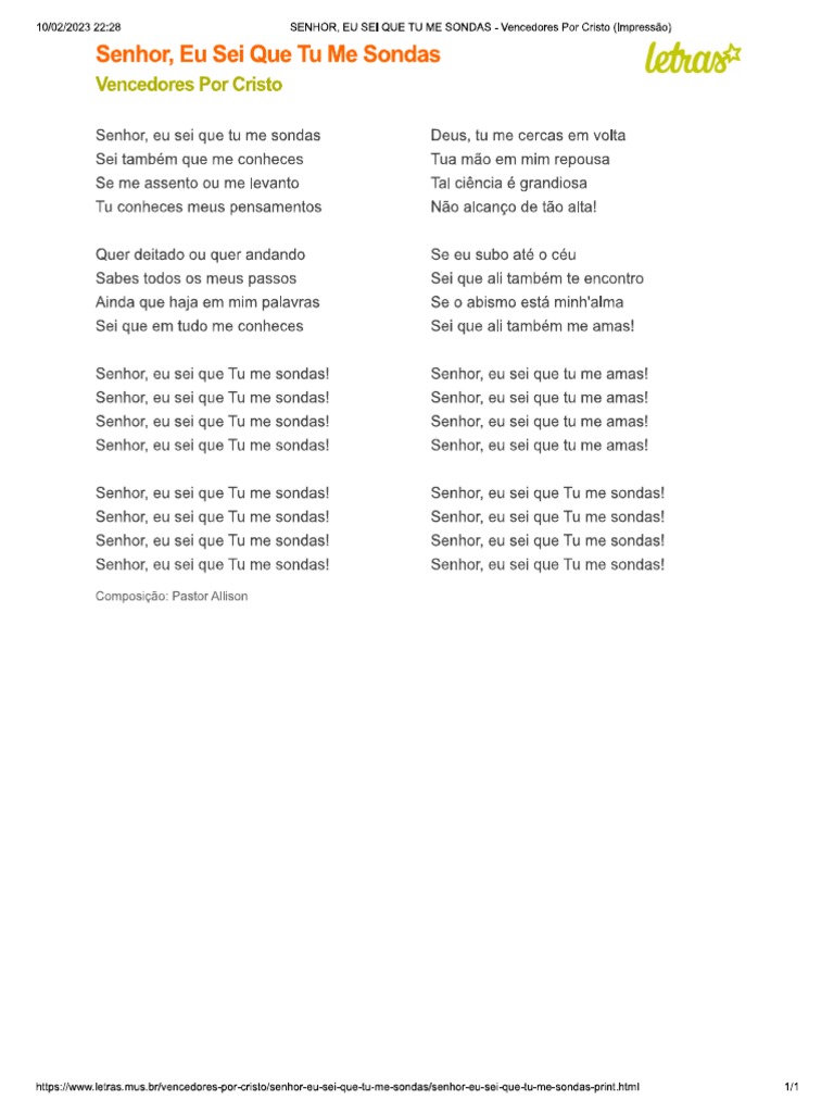 Letra - Senhor, Eu Sei Que Tu Me Sondas | PDF