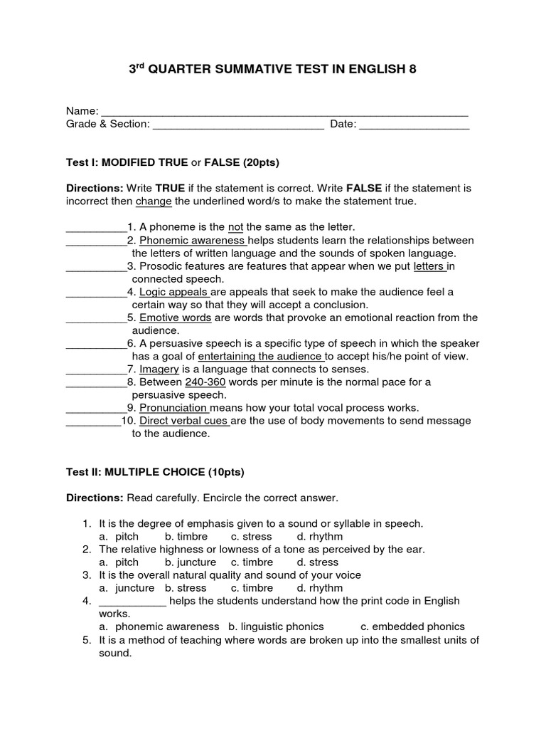 3rd Quarter Summative Test in English 8 | PDF | Stress (Linguistics ...