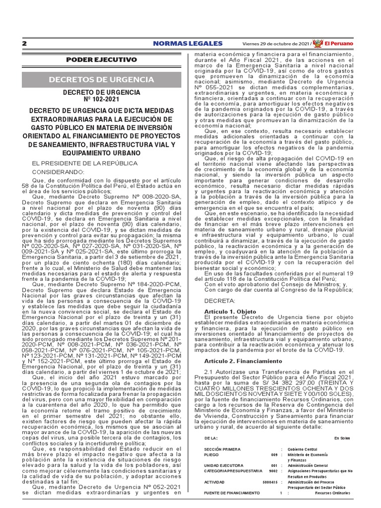 Decreto de Urgencia Que Dicta Medidas Extraordinarias para L Decreto de Urgencia N 102 2021 ...