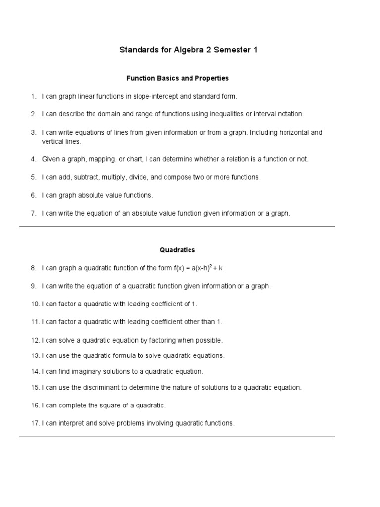 Algebra 2 Semester 1 Standards | PDF | Polynomial | Quadratic Equation