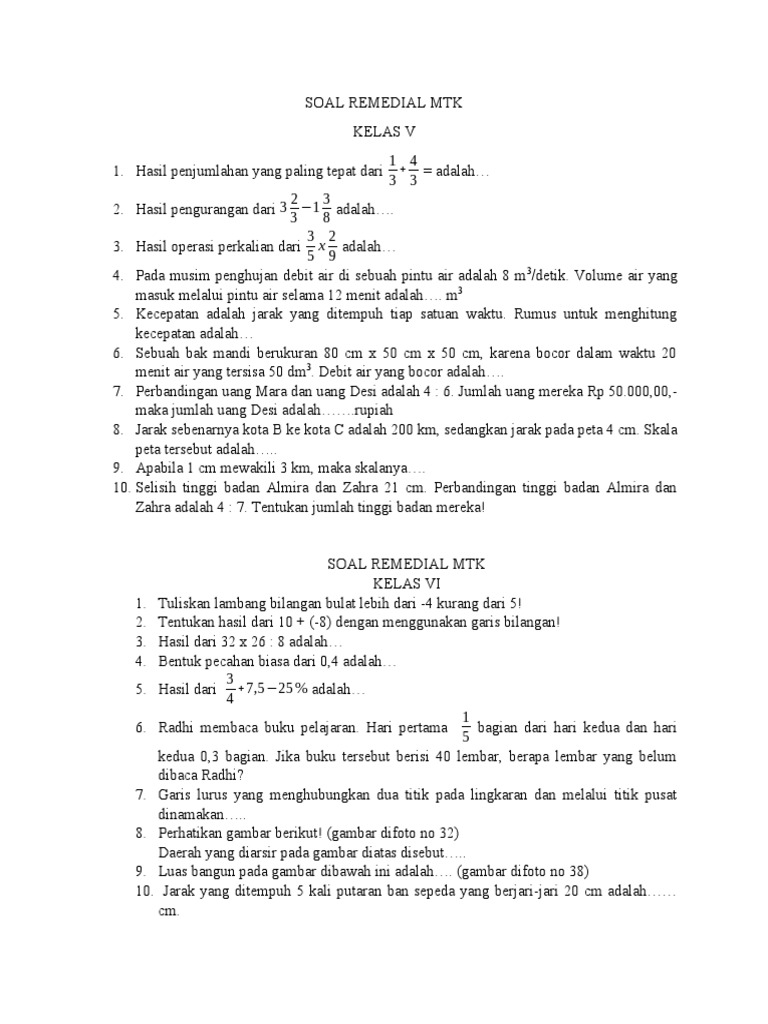 Soal Remedial MTK & Tik V, Vi | PDF | Metode & Bahan Ajar