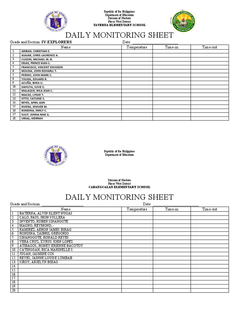 Daily Monitoring Sheet for Students | PDF