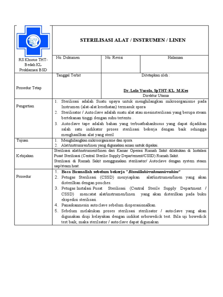 Spo Sterilisasi Alat Instrumen Linen | PDF