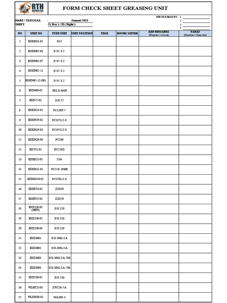Form Check Sheet Greasing | PDF