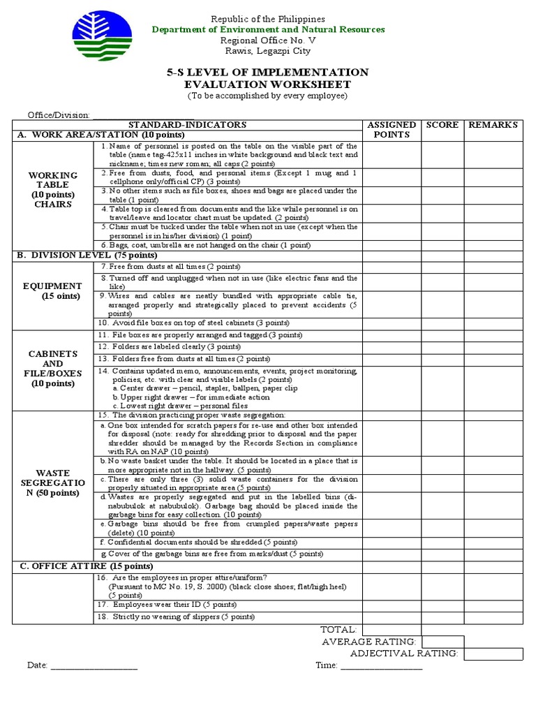 5 S Level of Implementation Evaluation Worksheet | PDF