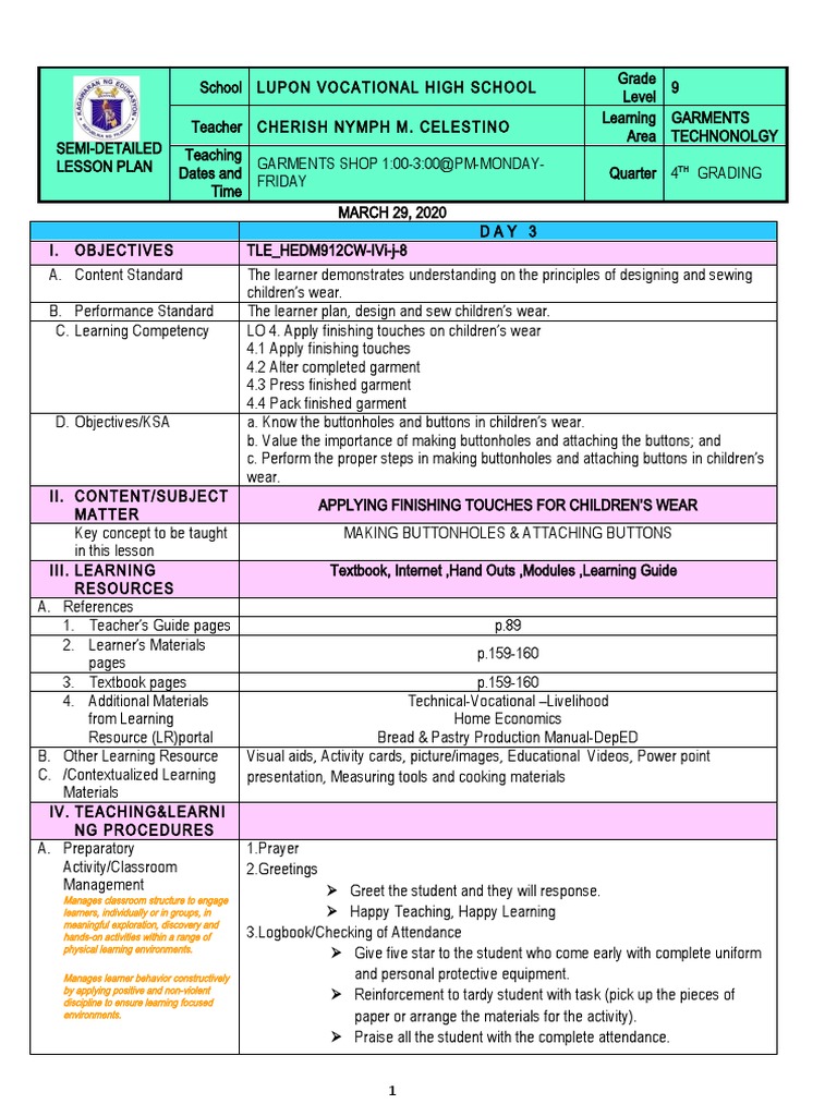 Lp-Attaching Buttons & Making Buttons Holes | PDF | Educational Assessment | Learning