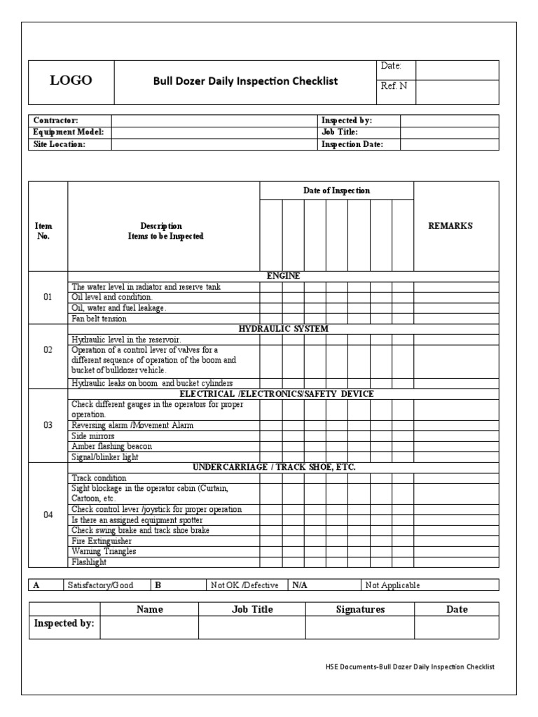 Bulldozer Daily Inspection Checklist | PDF