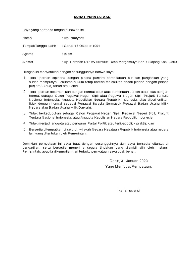 Format Surat Pernyataan | PDF