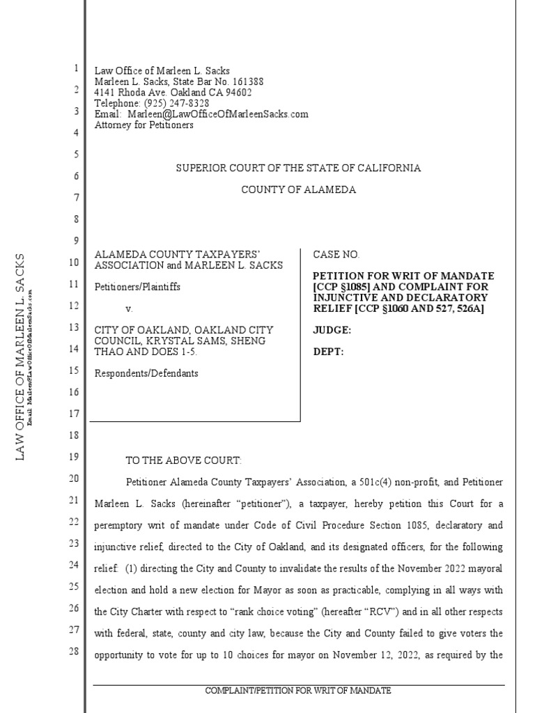 ACTA and Sacks v. City of Oakland Et Al Writ Petition PDF | PDF ...