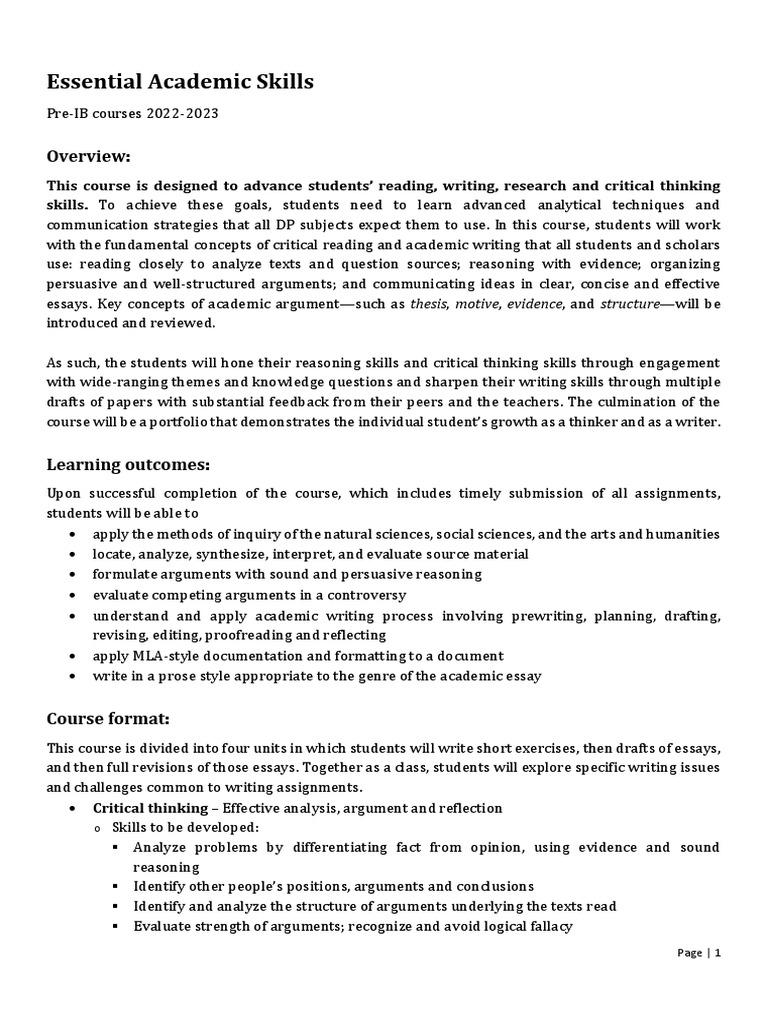 Essential Academic Skills Syllabus 2022-2023 - Semester Two Updated ...