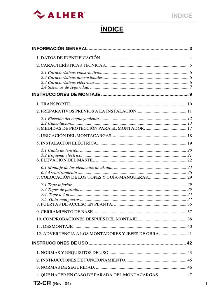 Montacargas ALHER T2-CR: Instrucciones y Seguridad | PDF | Máquina ...
