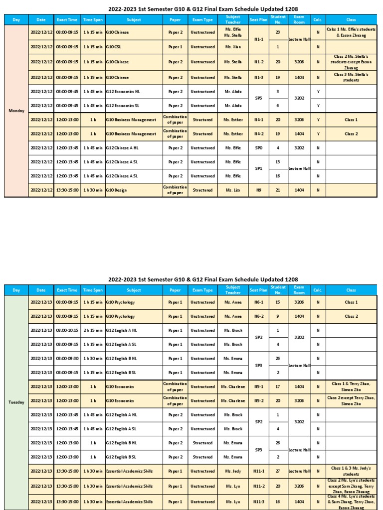 22-23 S1 G10&12 Final Schedule Student Version 1208 | PDF