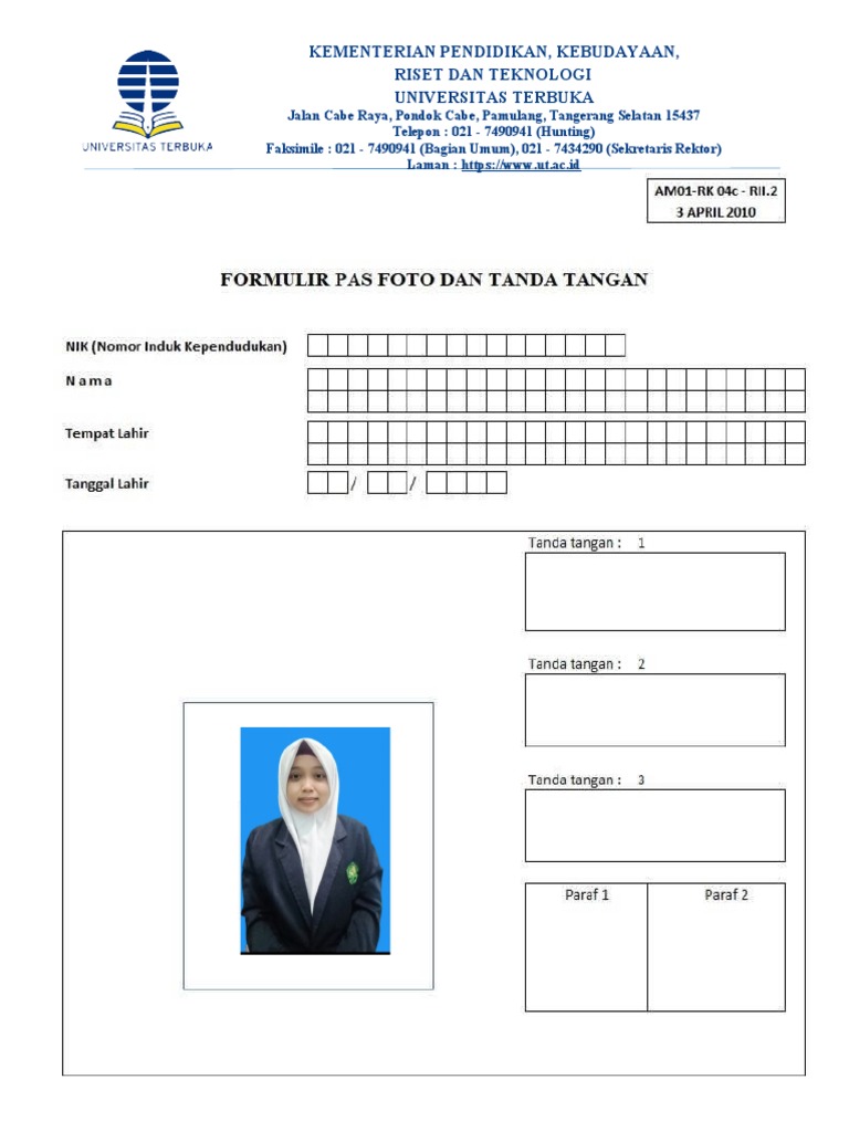 Formulir Pas Foto Tanda Tangan Calon Mahasiswa UT 19 Mei 2021 | PDF