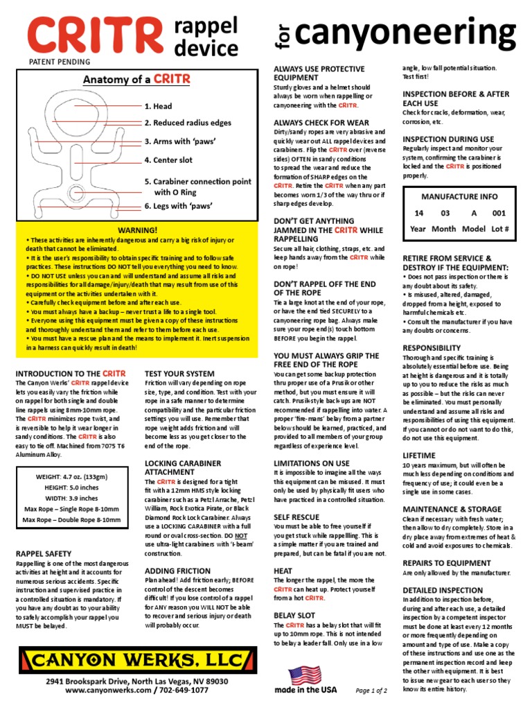 Critr Device For Canyoneering Adventurepluslc Com | PDF | Rope ...