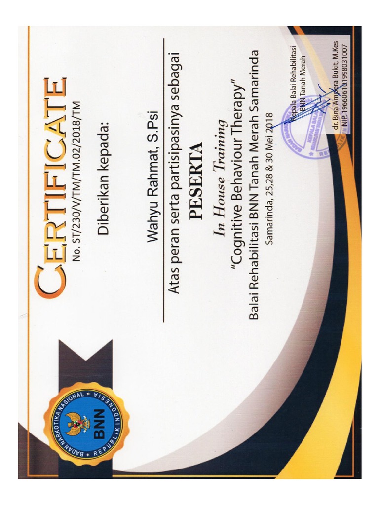 Sertifikat in House Training Cognitive Behavior Therapy Wahyu Rahmat | PDF