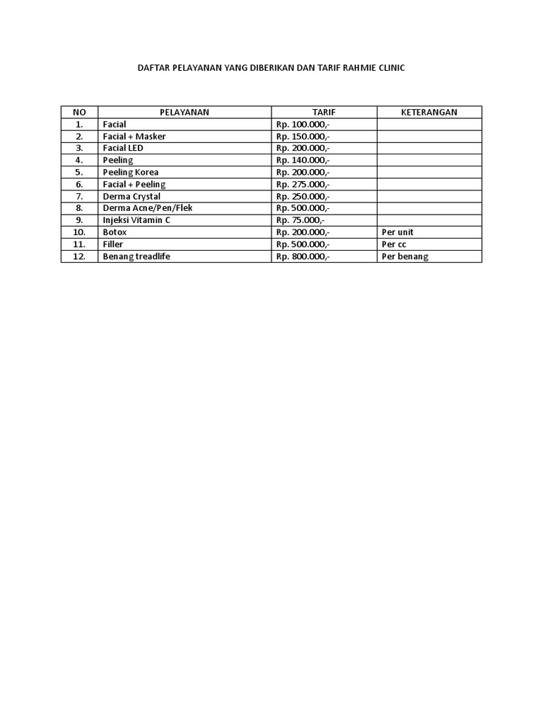 Rahmie Clinic's Service List and Pricing | PDF