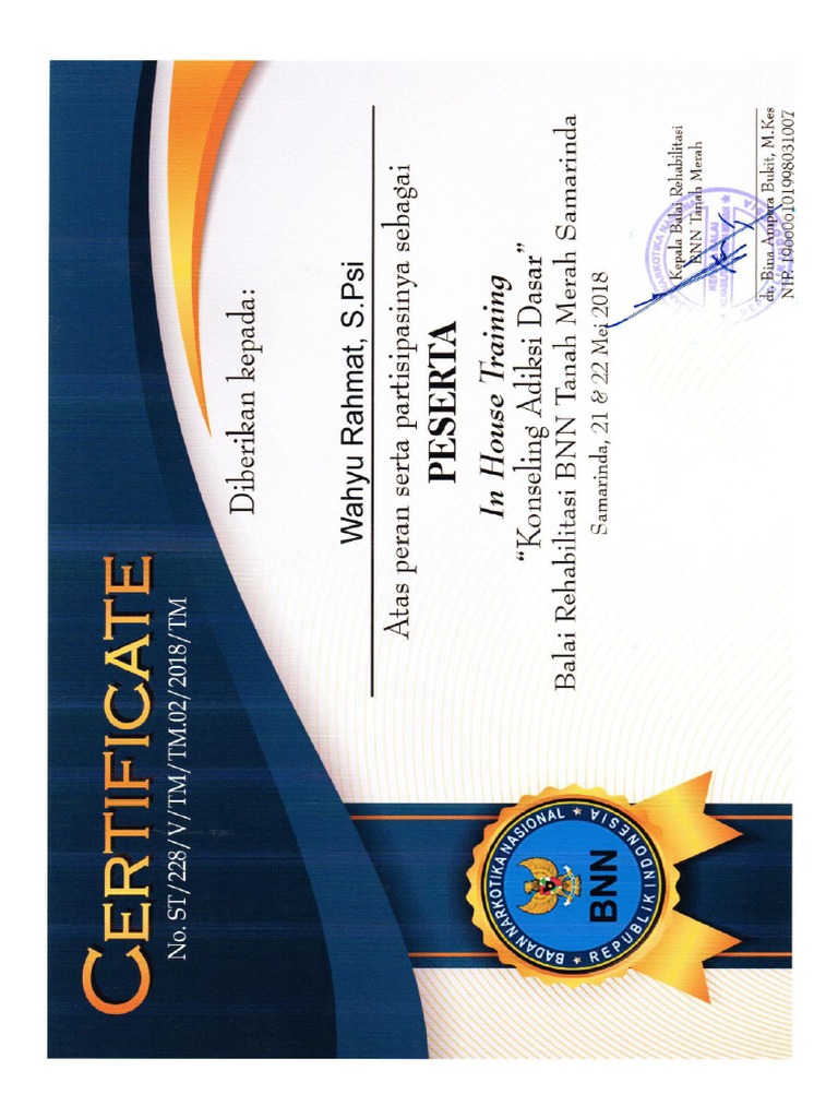 Sertifikat in House Training Konseling Adiksi Dasar Wahyu Rahmat | PDF