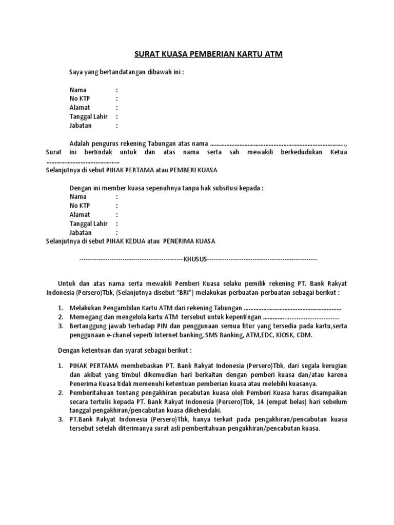 Surat Kuasa Pemberian Kartu Atm | PDF