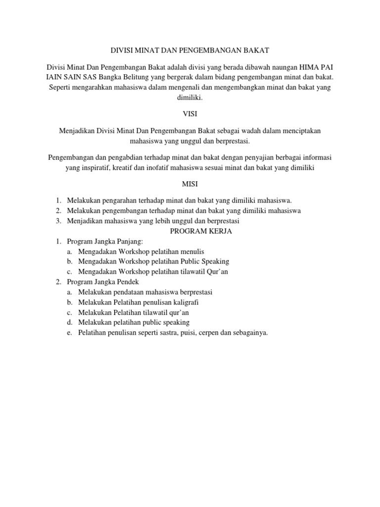 Program Kerja Divisi Minat Dan Pengembangan Bakat | PDF