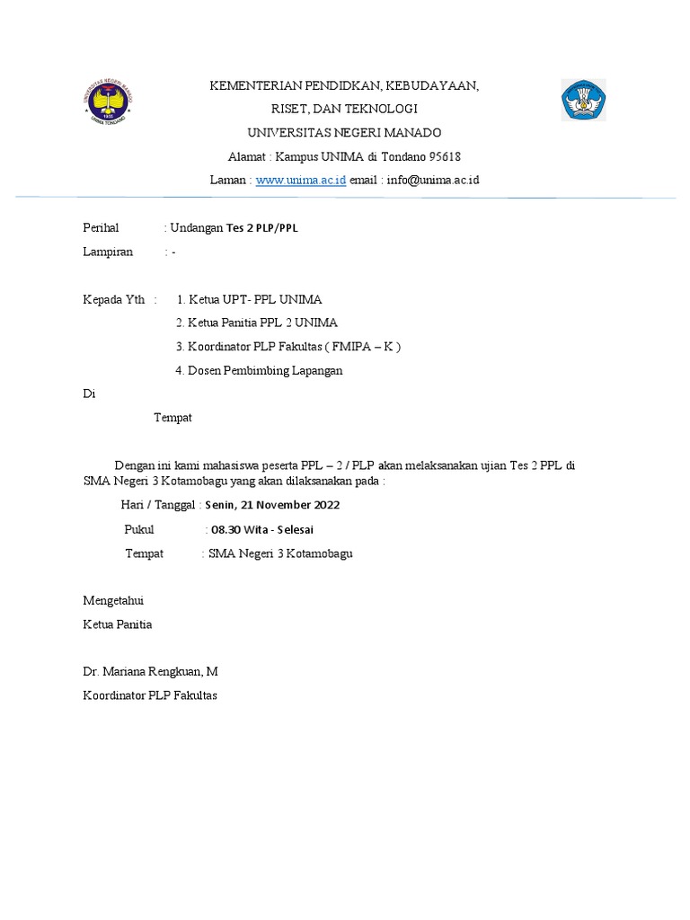 Surat Undangan Tes 2 PPL Unima | PDF