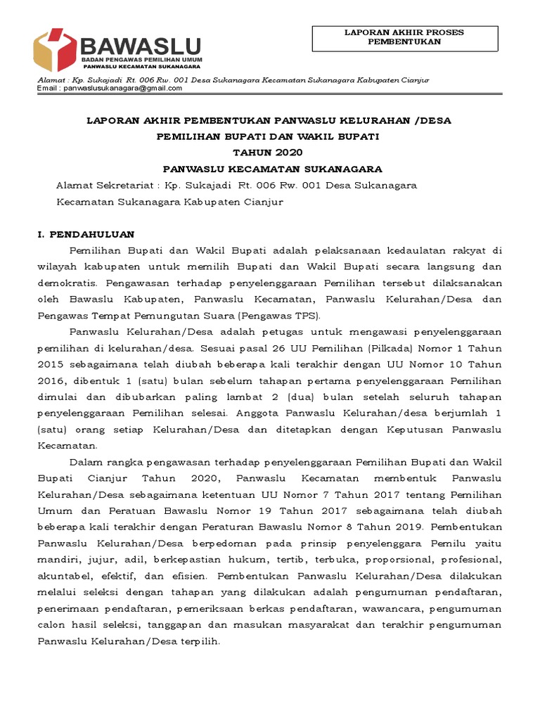 Laporan Akhir Pembentukan Panwaslu Sukanagara | PDF