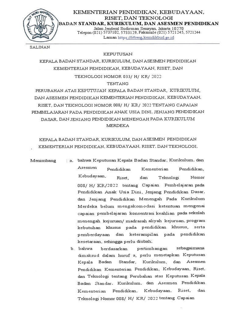 033 H KR 2022 BSKAP Revisi SK 008 Tentang Capaian Pembelajaran - PAUD | PDF