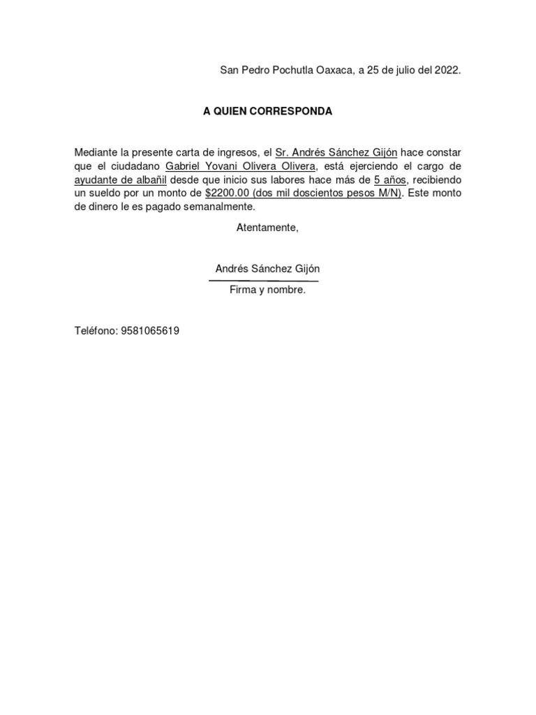 Carta de Ingresos | PDF