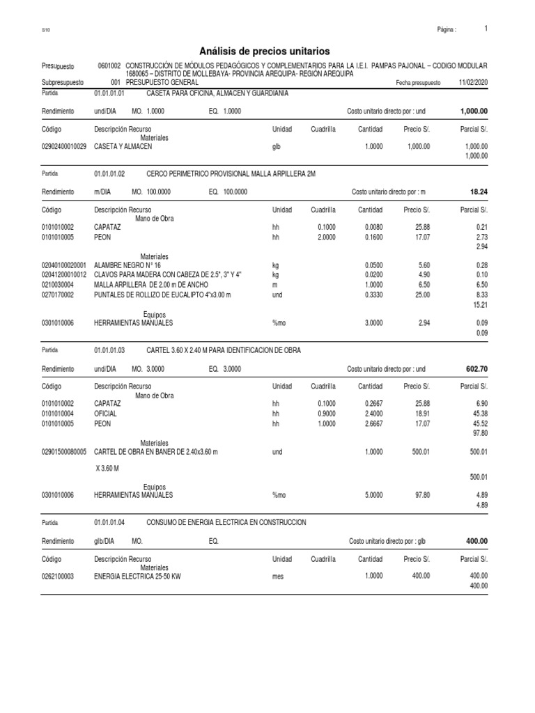 02 Costos Unitarios | PDF | Hormigón | Materiales de construcción