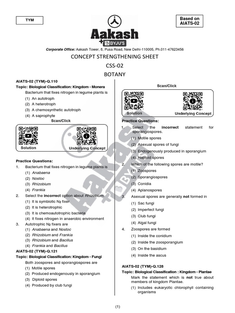 Concept Strengthening Sheet CSS 02 Based On AIATS 02 TYM Botany | PDF | Fungus | Plants