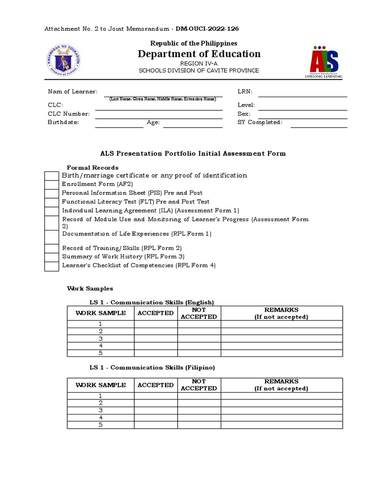 Attachment No. 2 PPA Initial Assessment Form | PDF | Learning ...