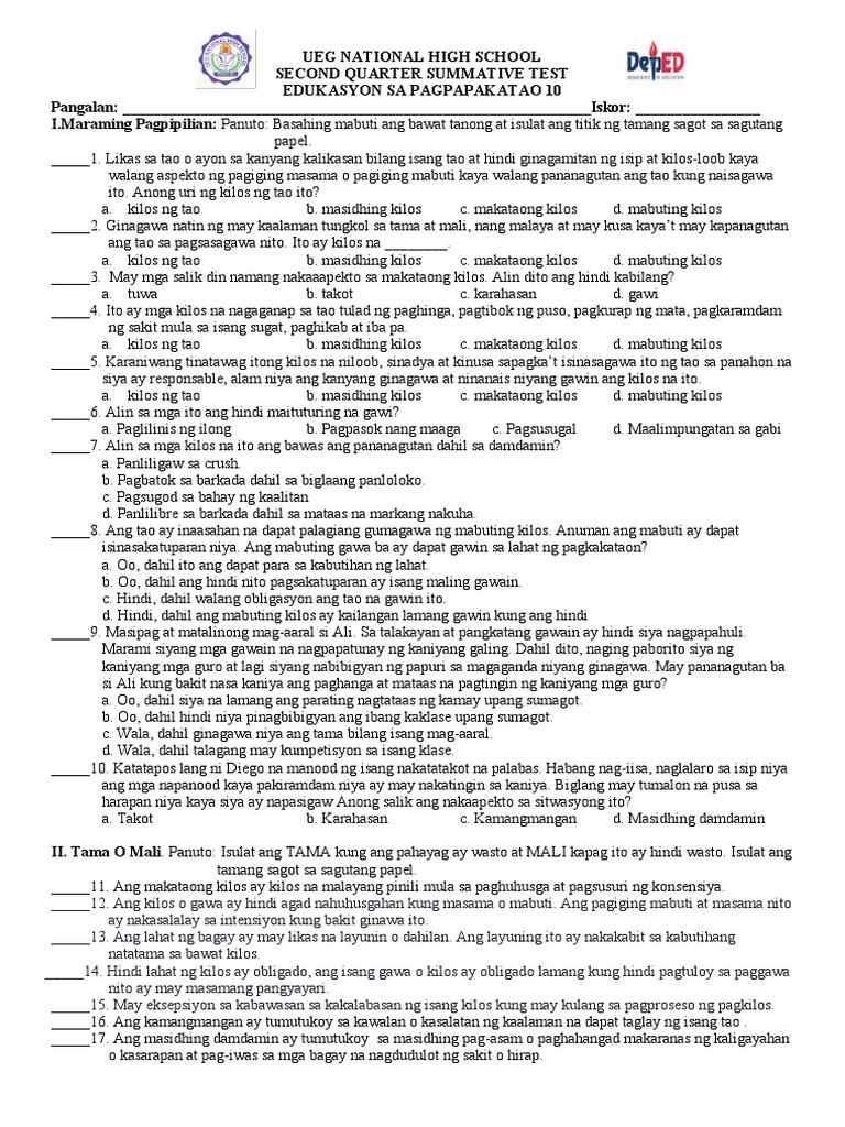 Esp 10 Summative Test | PDF