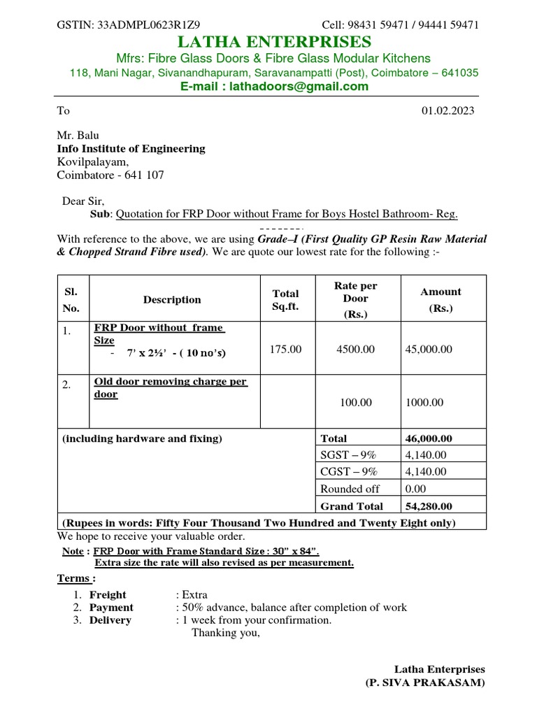 Quotation For Door - Info (10 Doors) | PDF